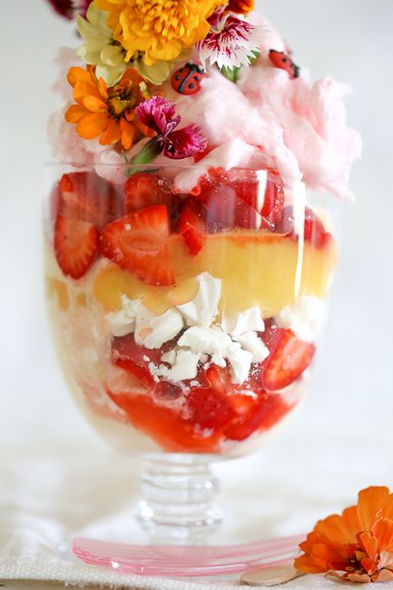 Fairy floss ice cream trifles with macerated strawberries, lemon curd ...